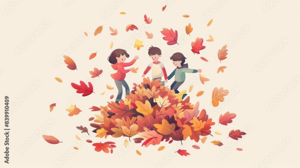 Autumn nostalgia, with illustrations of children playing in a pile of ...
