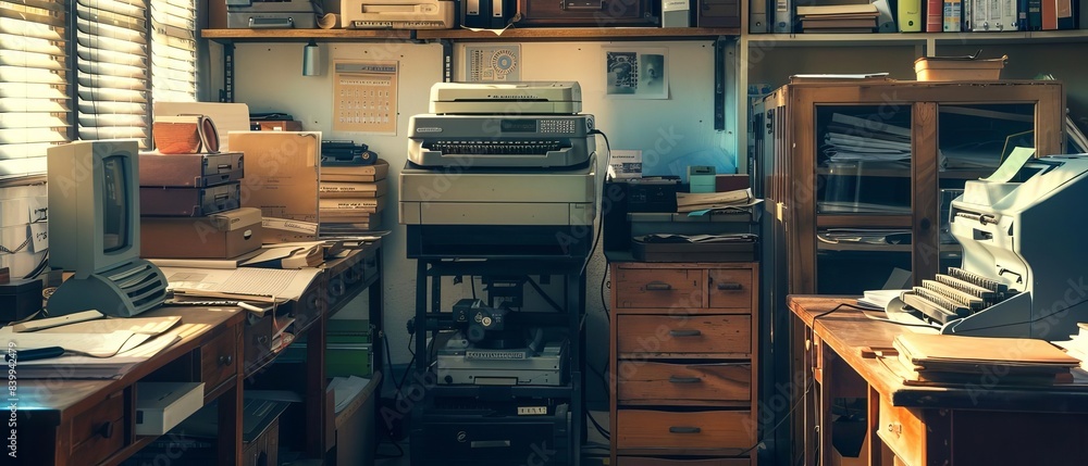 Vintage office room with old computers, a printer and wooden furniture ...