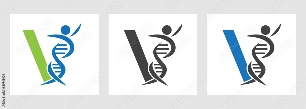 Letter V DNA Logo With Human Symbol. DNA Cell Icon. Health Care Sign ...