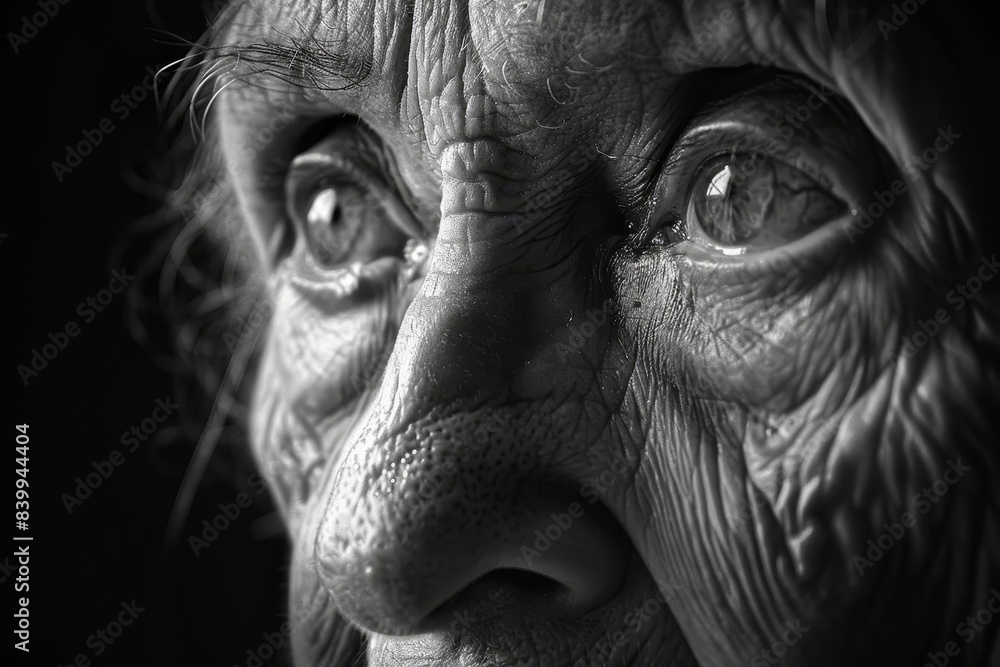 Close-up black and white photograph of an elderly woman's wrinkled face ...