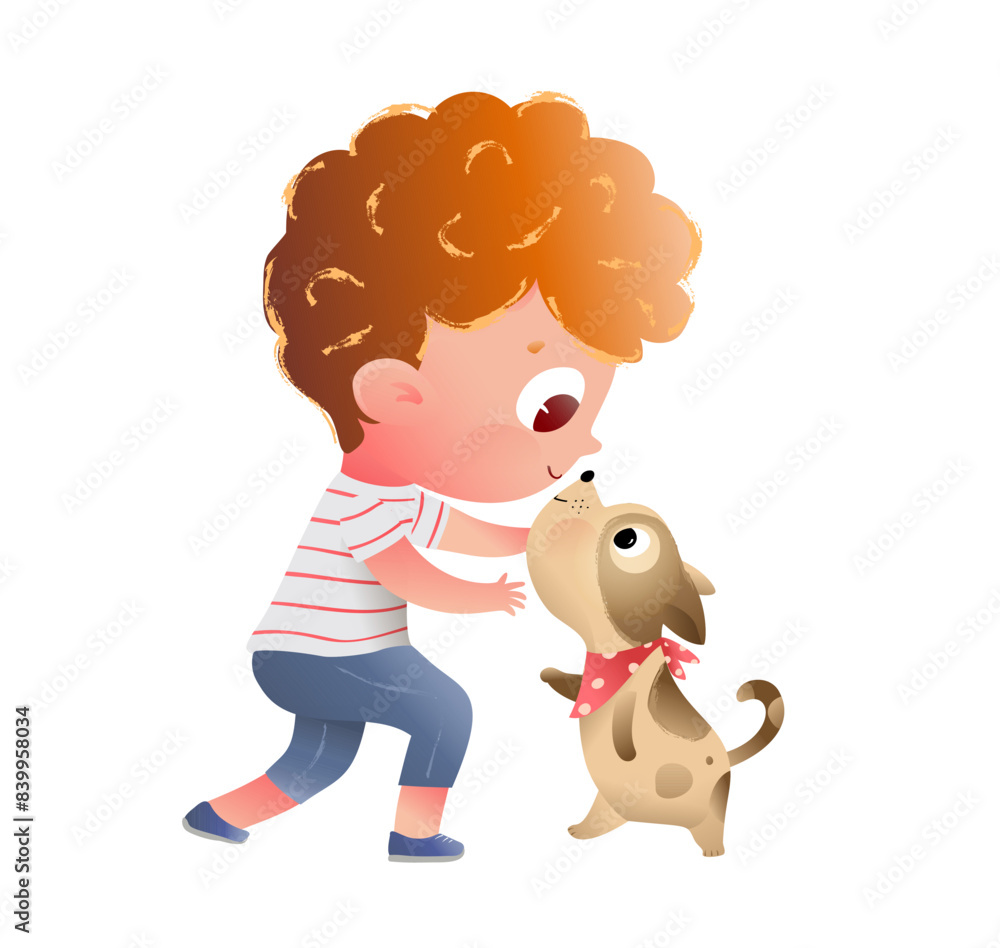 Cute redhead boy and his best friend little puppy dog, Child character ...