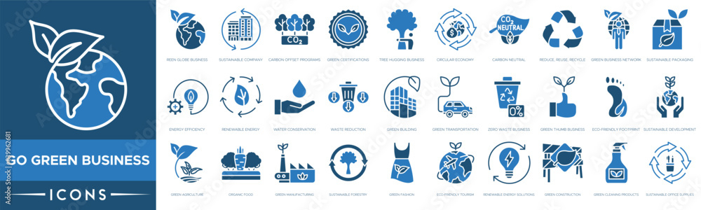 Go Green Business icon set. Green Globe Business, Sustainable Company ...