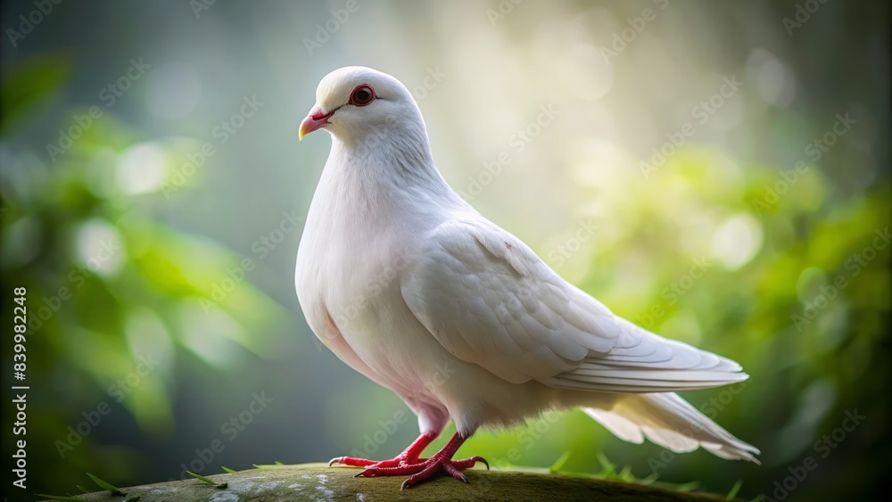 Pure white pigeon with delicate feathers and gentle gaze stands ...