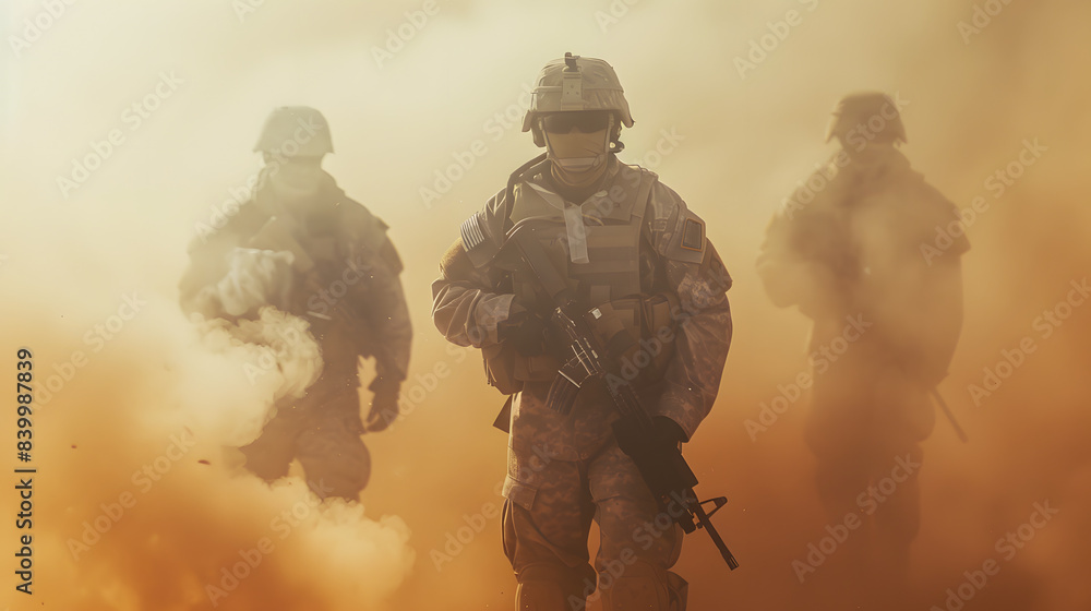 Three soldiers in full combat gear emerge from a dusty battlefield ...