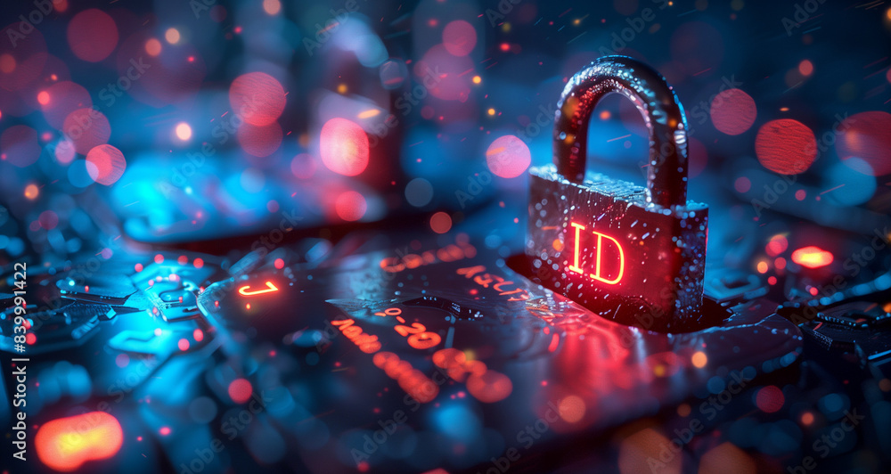 3D vector illustration of an open padlock with "ID card" text on a ...