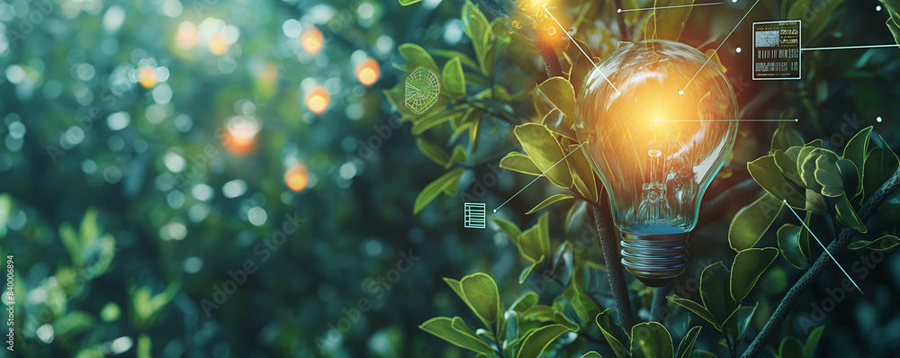 new energy and clean technology concept with a light bulb glowing on a ...