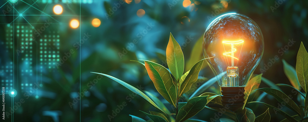 new energy and clean technology concept with a light bulb glowing on a ...