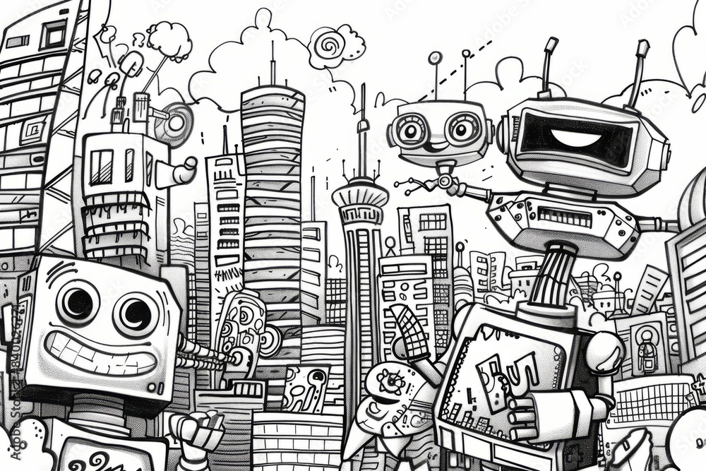 Cartoon cute doodles of smiling robots tagging graffiti art on ...