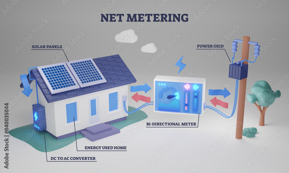 Net metering billing mechanism for solar energy production 3D illustration. Labeled scheme with ...