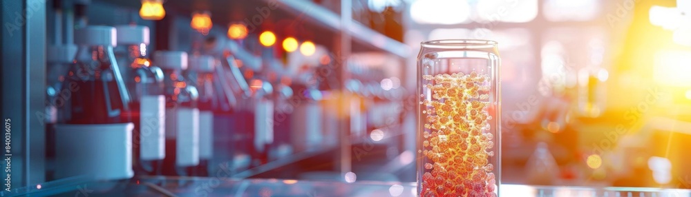 Colloidal particle suspension, glass container, lab setting, bright ...