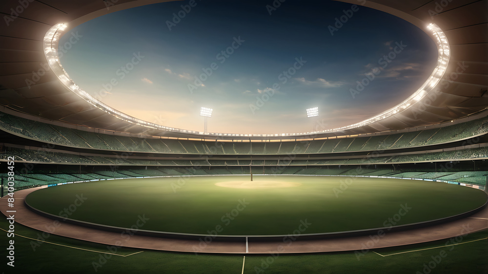A Spectacular sport cricket stadium with glowing floodlights and empty ...