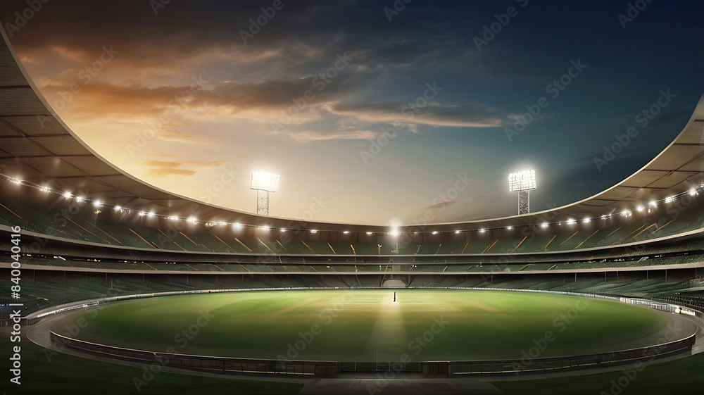 A Spectacular sport cricket stadium with glowing floodlights and empty ...