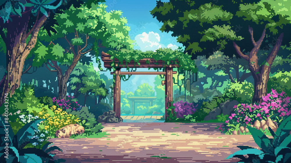 2d pixel art of wooden entrance on the park, flowers and trees, blue ...