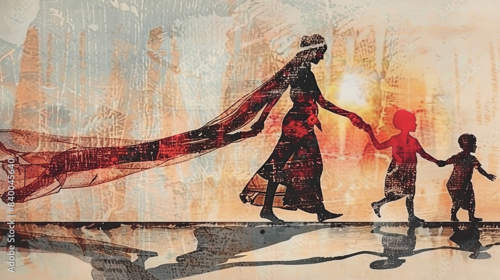 Artistic depiction of a refugee family walking together, painted in ...