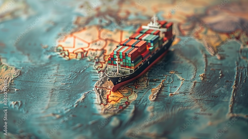 An image of a container ship on a world map, representing ...