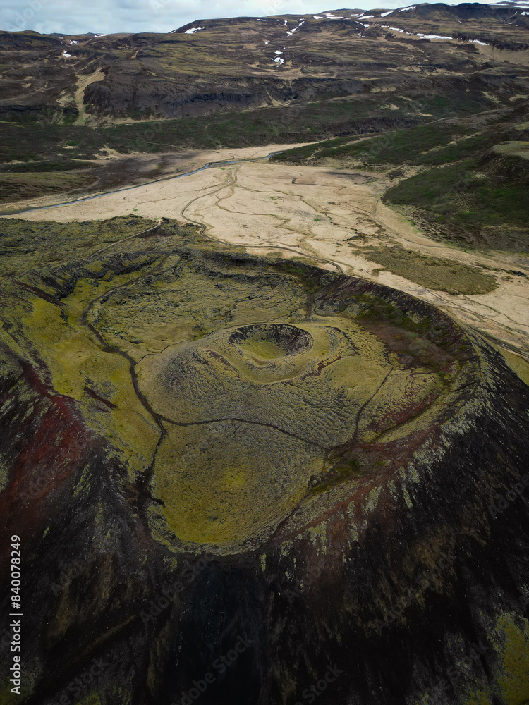 Baula Volcano from Grábrók volcano in Iceland. Lava field about 3,000 ...