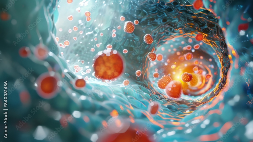 A detailed illustration of cholesterol molecules creating deposits in a ...