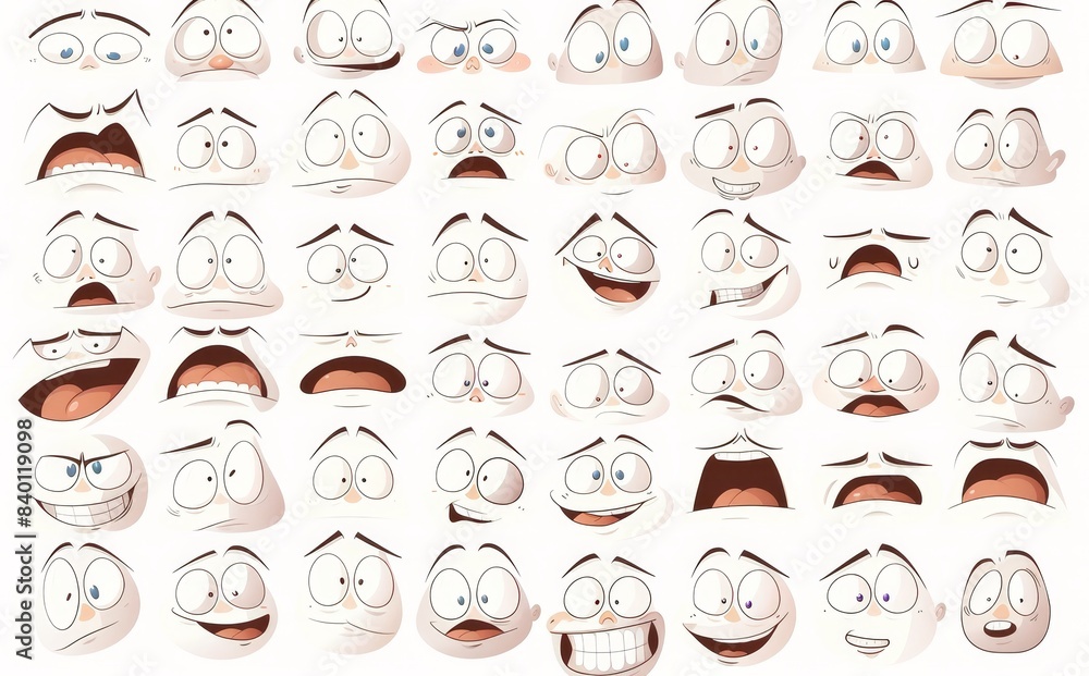 Faces of cartoon characters with expressive eyes, mouths, and surprised ...