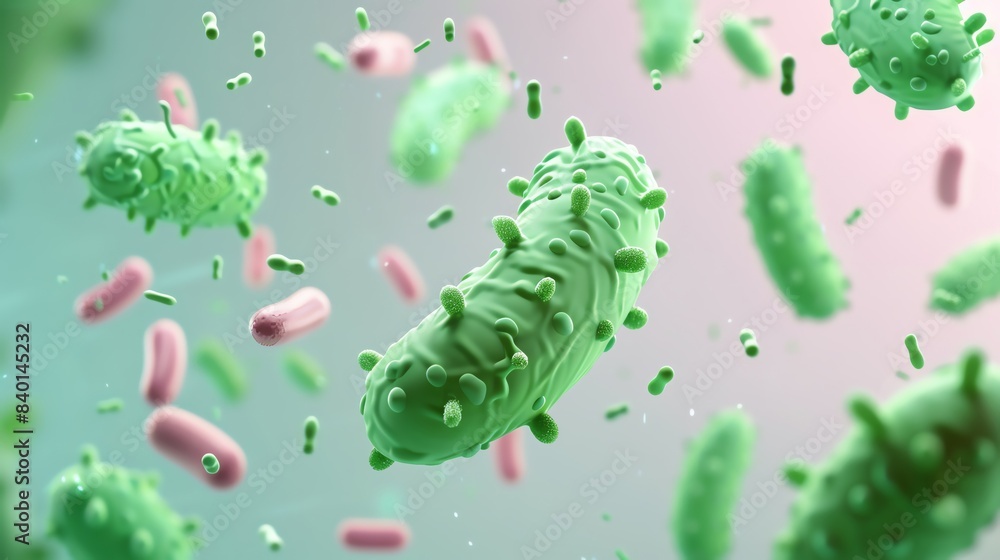 Microscopic view of various bacteria floating in a green gradient ...