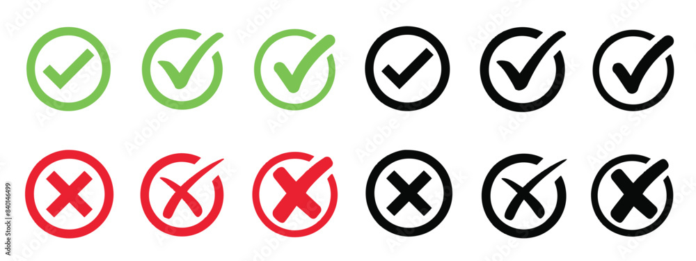 Check mark icon button set. Check box icon with right and wrong buttons and yes or no checkmark ...
