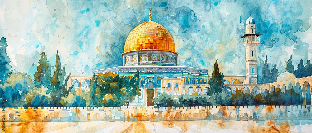 Watercolor hand draw The Dome of the Rock in Jerusalem is a prominent ...