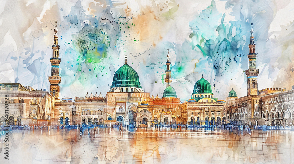 Watercolor hand draw The Prophets Mosque (Masjid an-Nabawi) in Medina ...