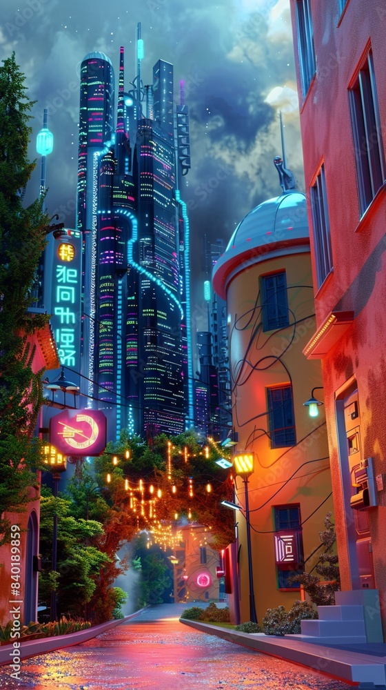 Cyberpunk building with neon lights and circuitry, bright hues, digital ...
