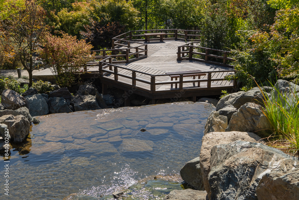 Triple waterfall in the Japanese Garden. Water falls from a height of 7 ...