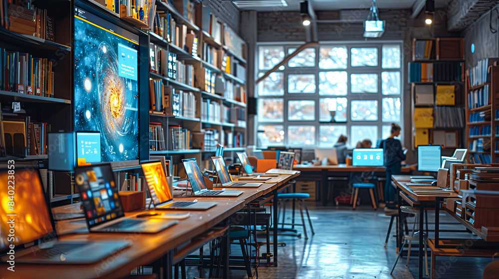 Modern Library Interior Design with Laptops Open and Students Studying ...