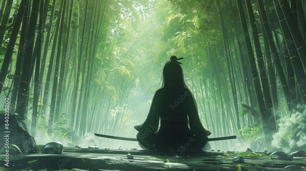 A serene moment with a ninja girl meditating with her sword in the ...