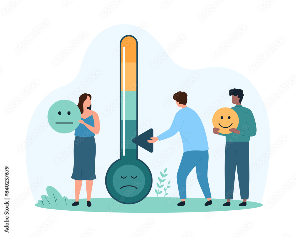 Satisfaction survey with customers mood level meter. Tiny people push ...