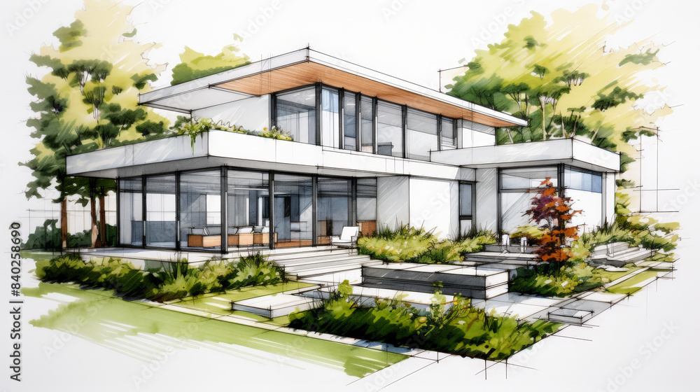 3D sketch design of a luxury modern house with a cubic structure, floor ...