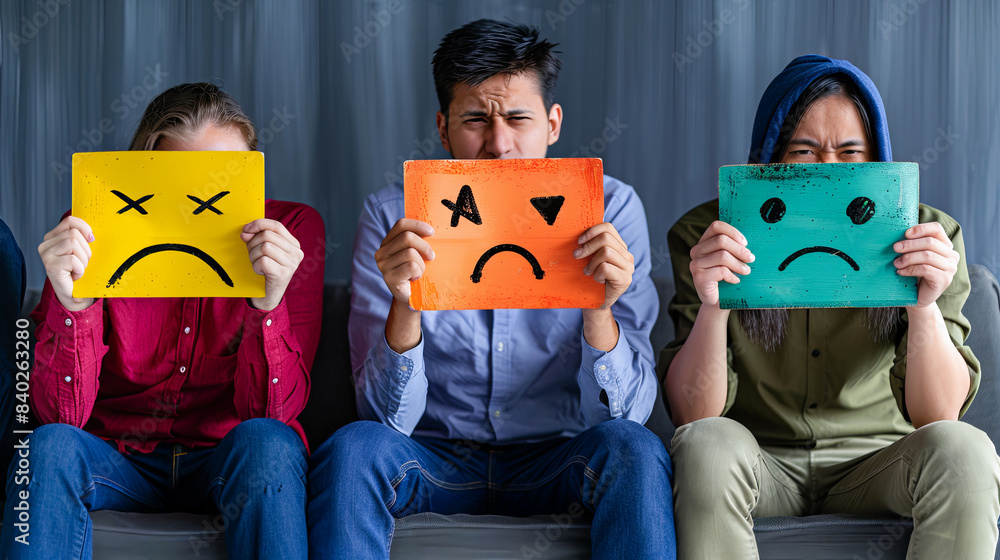 Diverse Group of Unhappy Young Adults Holding Sad Face Emoji Signs ...