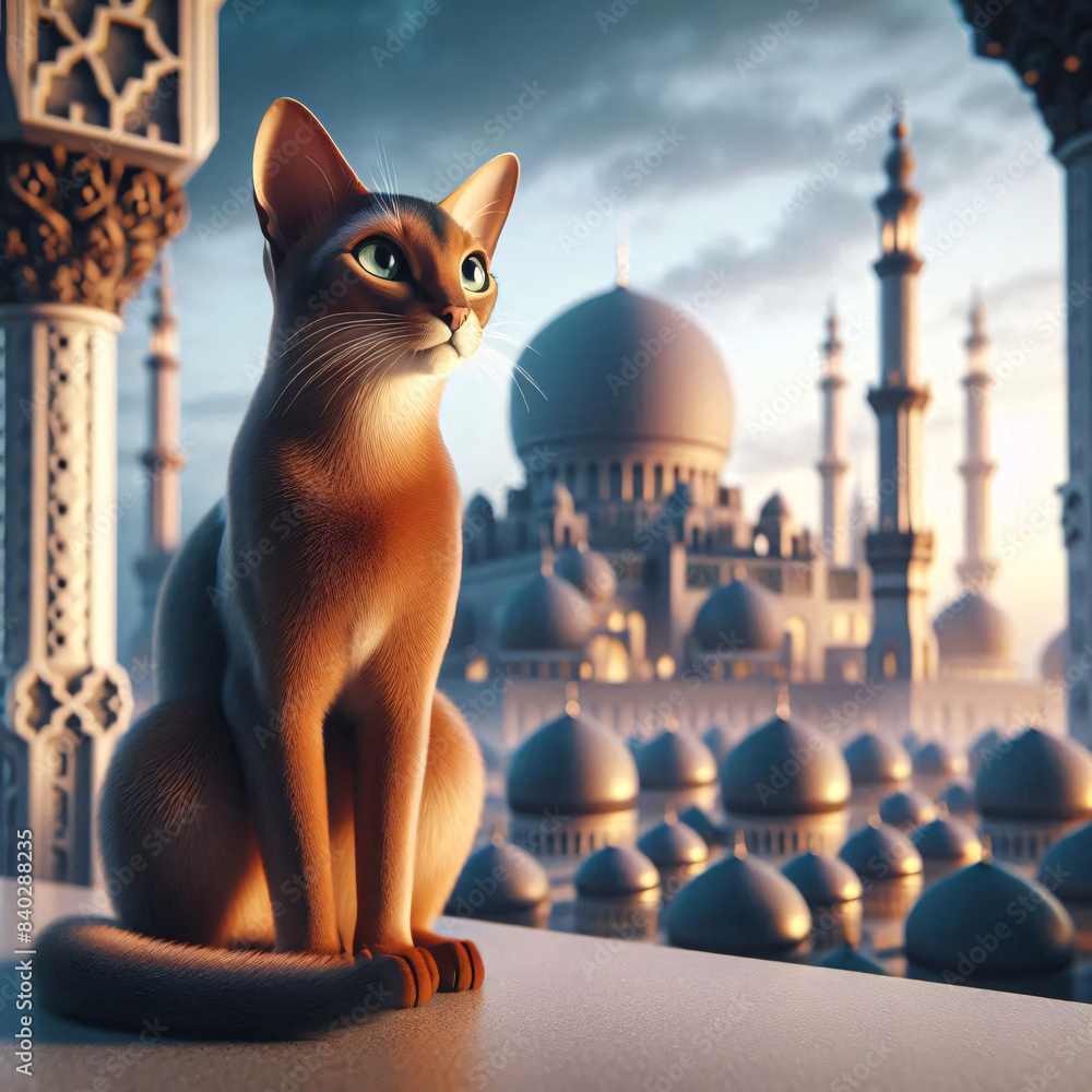 cute beautiful Abyssian Cat sitting in front of a large mosque muslim ...