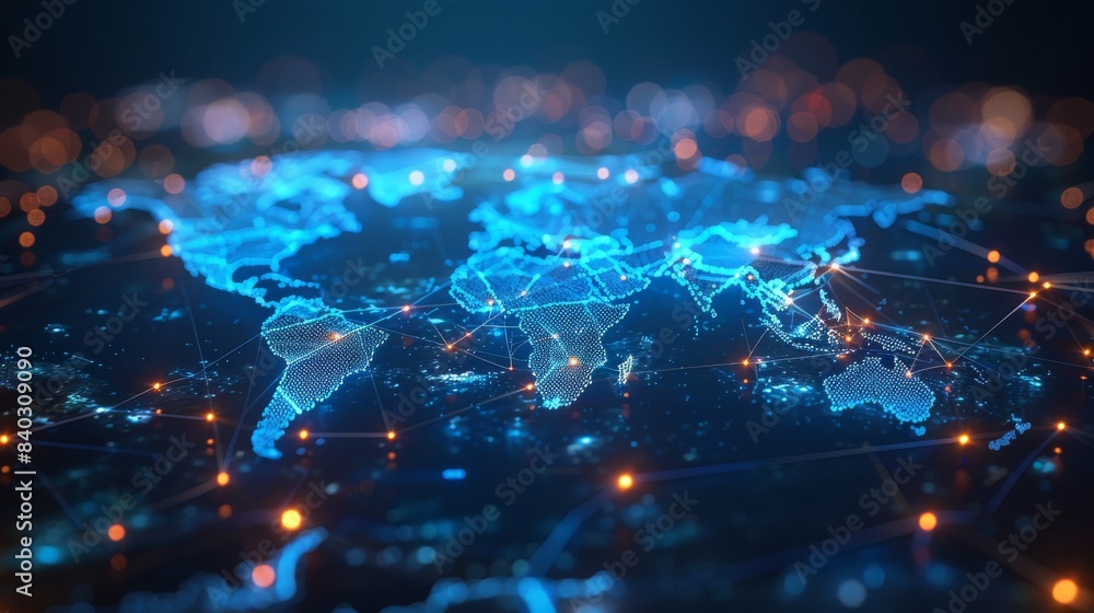 abstract design of network technology world map with lights and arrows ...