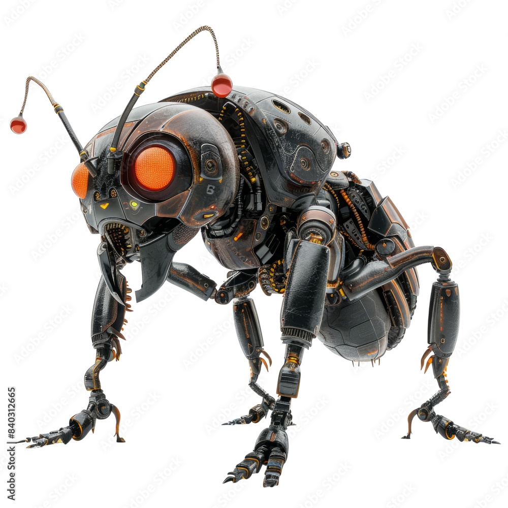Futuristic black ant robot with glowing red eyes and intricate ...