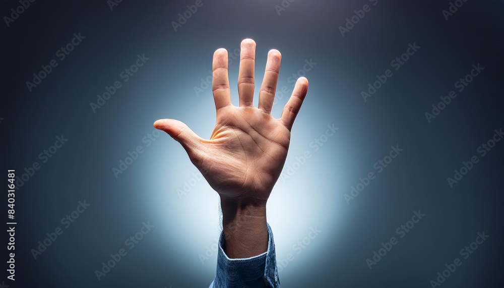 A single hand raised against a glowing backdrop, fingers outstretched ...