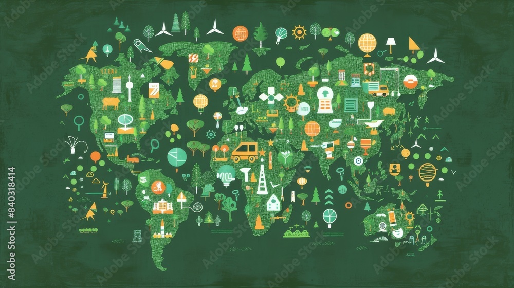 A world map with various icons representing renewable energy sources ...