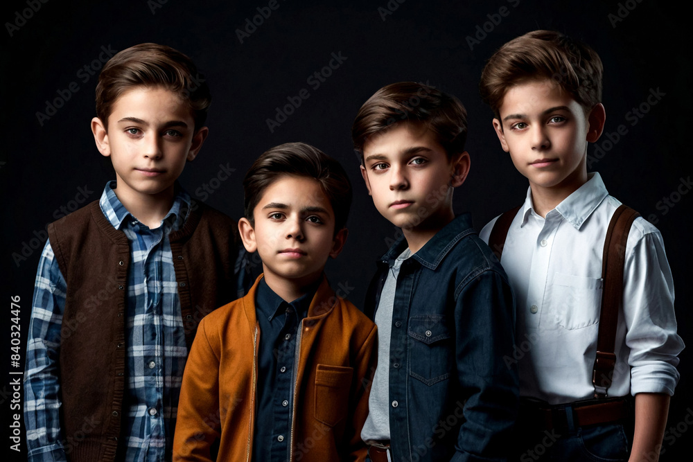 Four fashionable children school age boys posing at black isolated ...