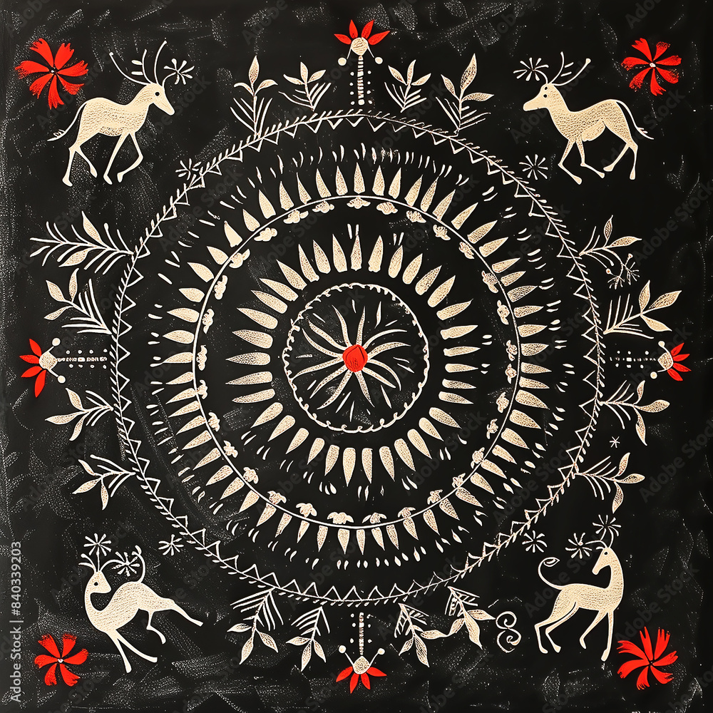 Traditional ethnic Warli art from India in simple geometric shapes in ...