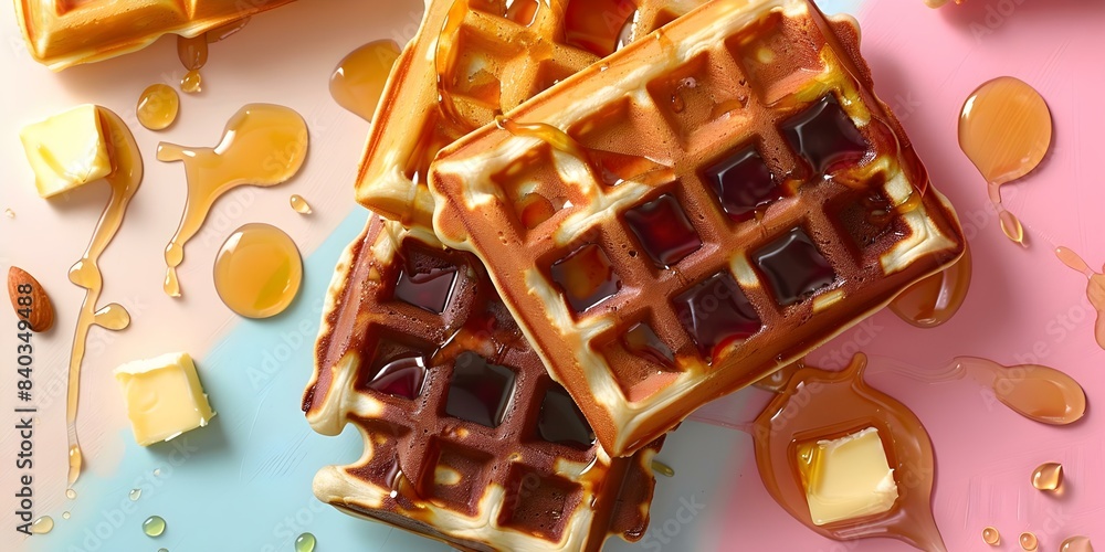 Colorful waffles with dripping butter and syrup on a pastel background ...