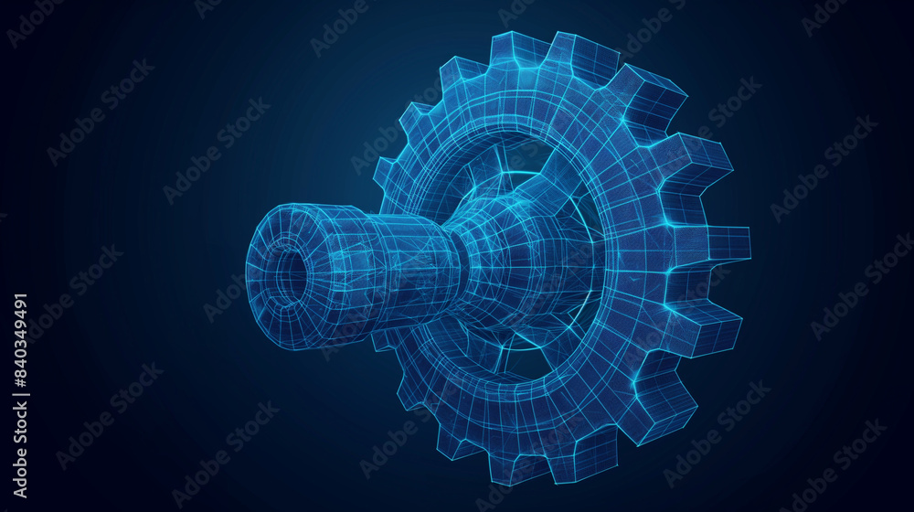 Vector wireframe illustration of a gear on a dark blue background ...