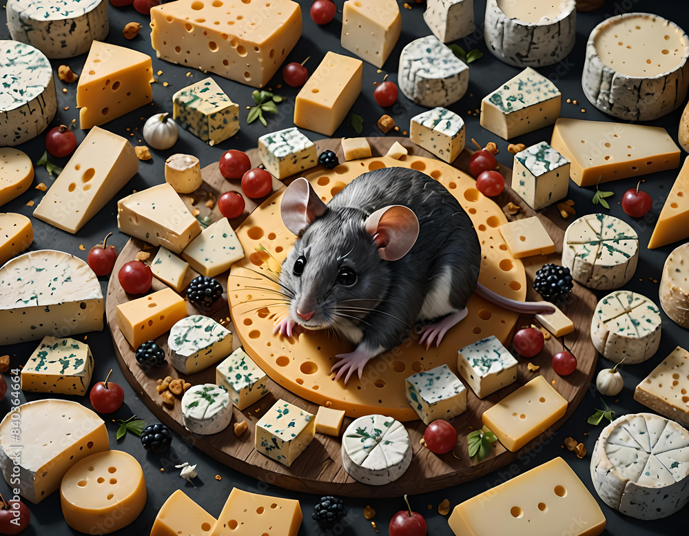 Mouse sniffing at the cheese that is on the mousetrap, an image created ...