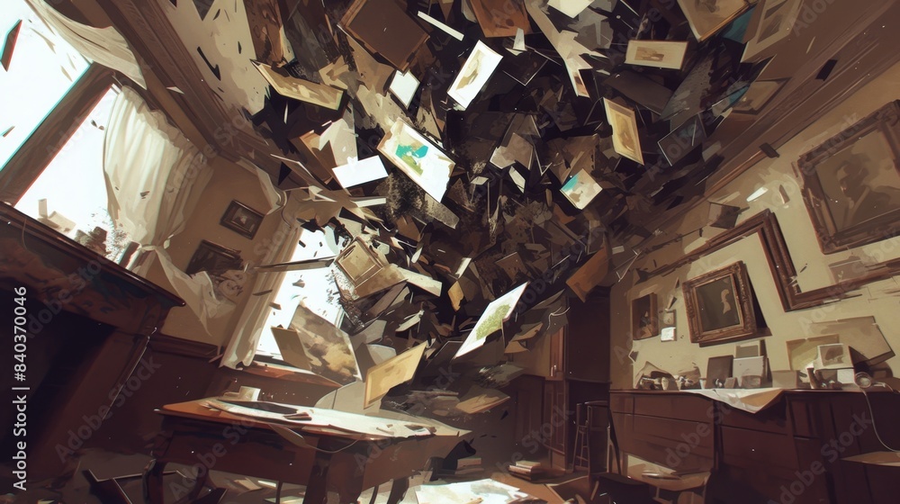 A desolate attic with old portraits and furniture lining the walls ...