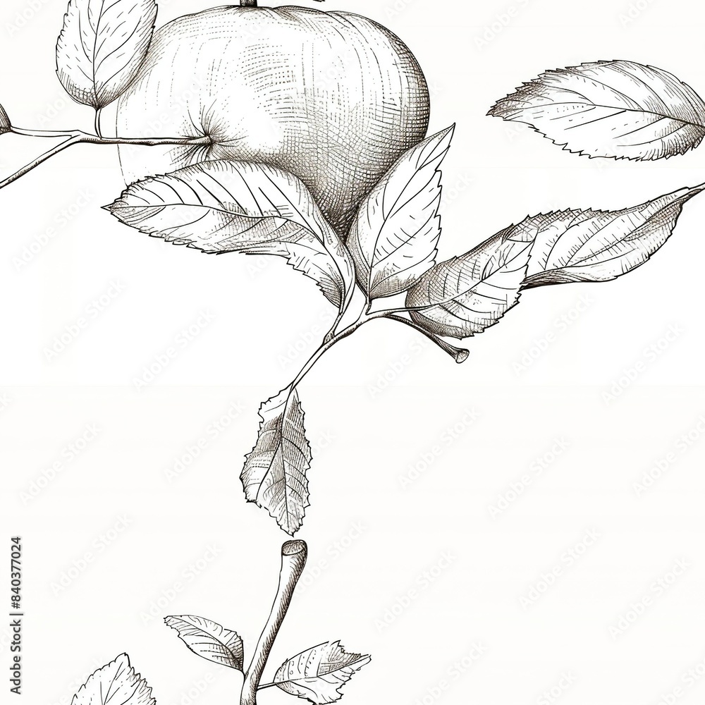 A detailed clip art line drawing of a ripe apple with a single leaf ...