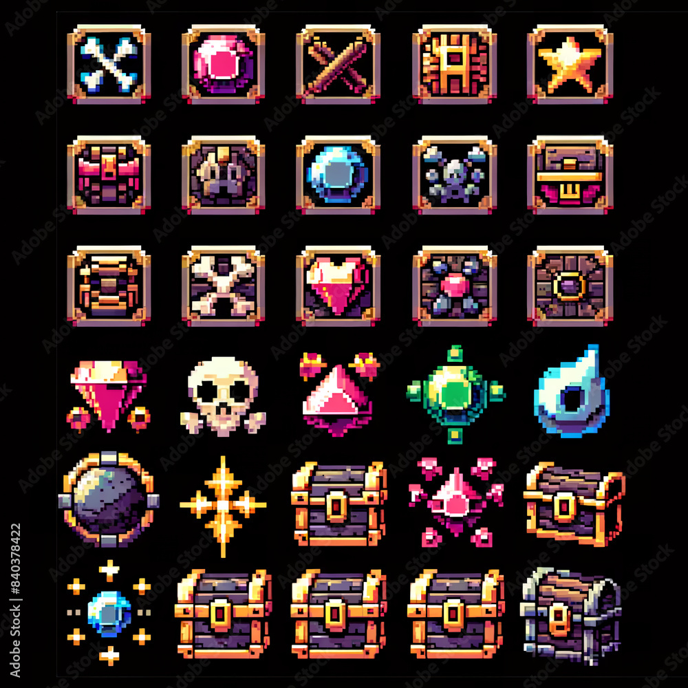 Ilustración de Stock RPG pixel art treasure map icons sprite sheet | Adobe Stock