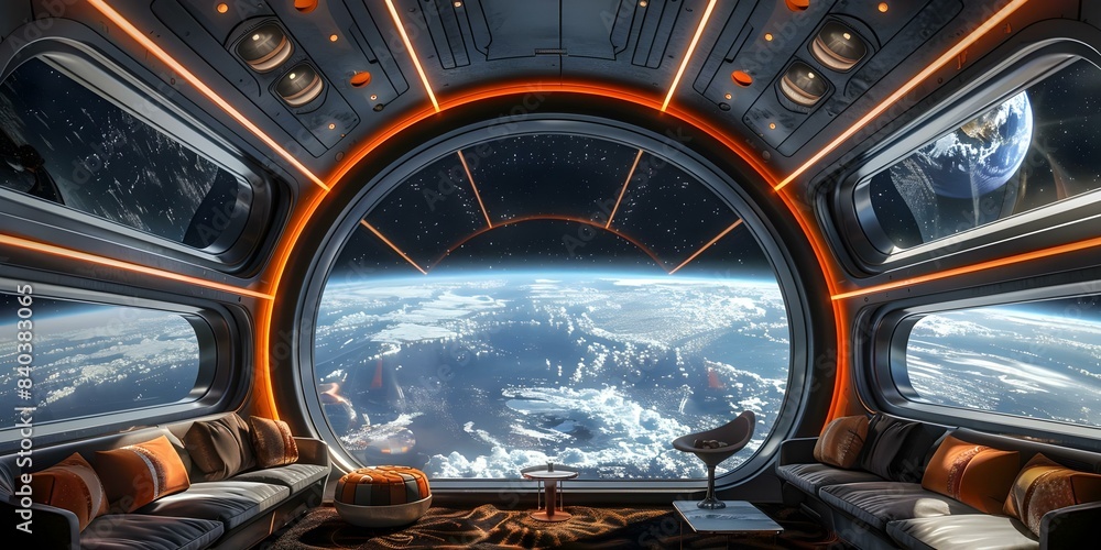 Observation deck window with Earth view in a luxury spacecraft hotel ...