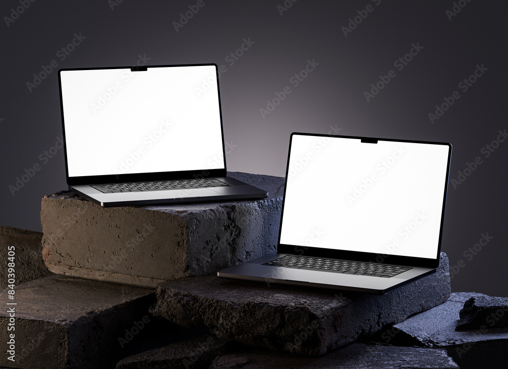Two modern laptops screen mockup floating on a dark scene in realistic ...