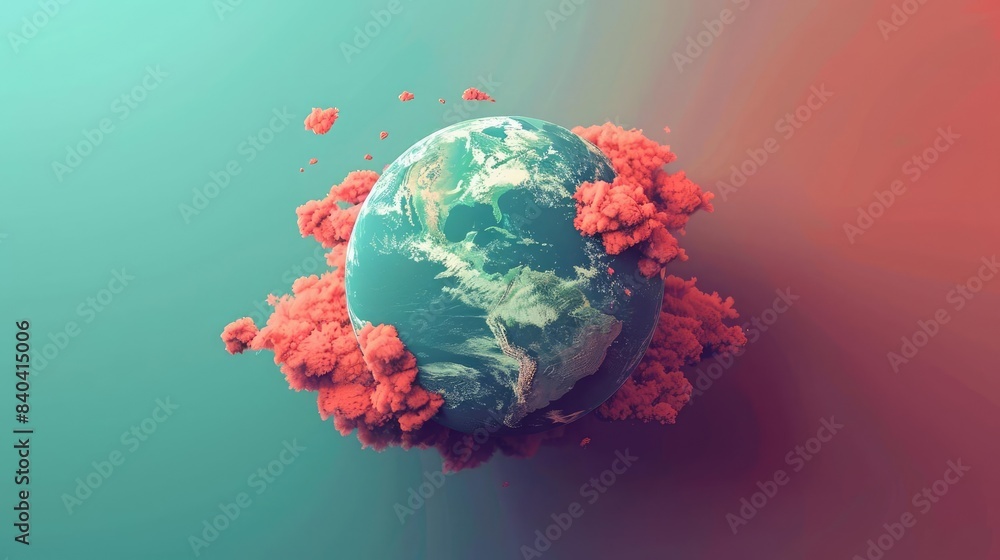 Abstract representation of Earth with red clouds on a teal background ...