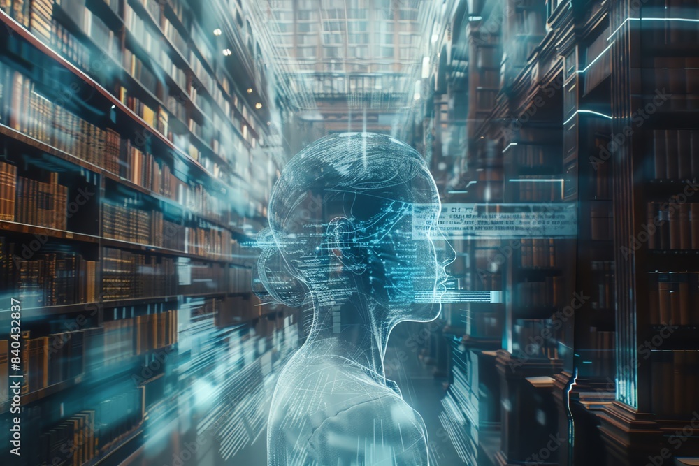 The image shows a library with a blue transparent Al brain in the ...